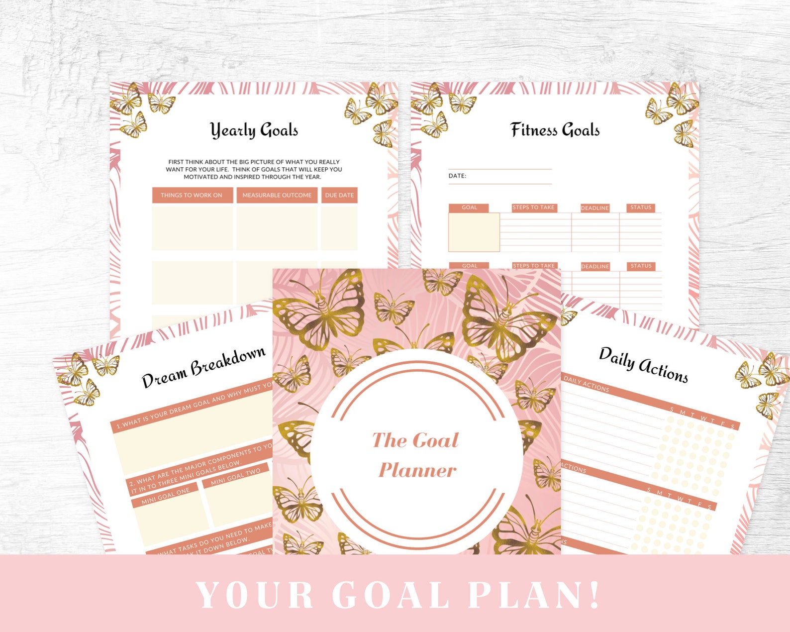 Goals Planner Printable | Pink & Gold Productivity Tracker | Digital ...