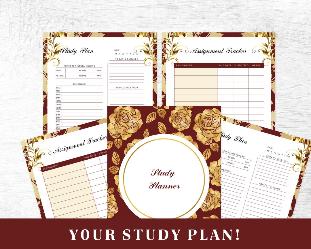 Study Planner Printable | Red and Gold Assignment Tracker | Digital ...
