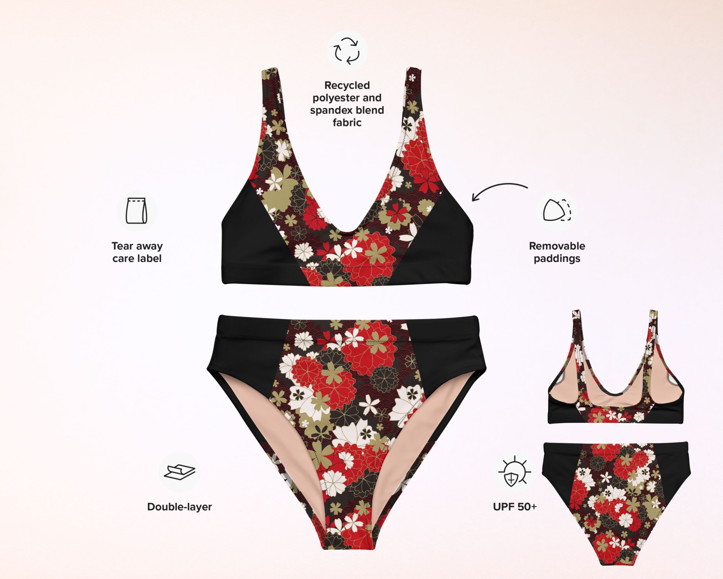 Japanese Sakura Bikini, Black Red White Gold Floral Cherry Blossoms ...