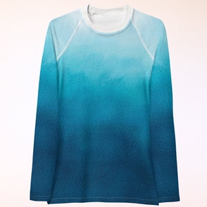 Blue Ombré UPF 50+ Rash Guard, Caribbean Blue & White Watercolor Print ...