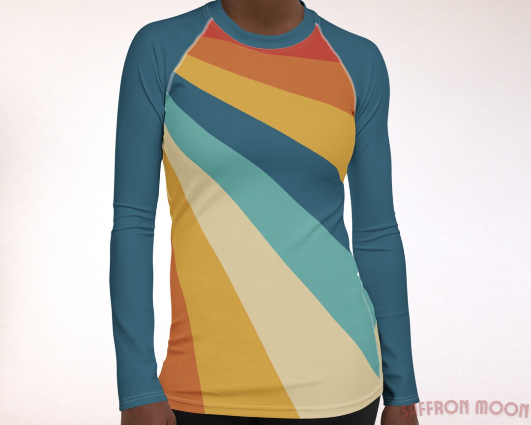 Teal Retro UPF 50 Rash Guard, Mustard Yellow & Sunburst Orange Rays ...