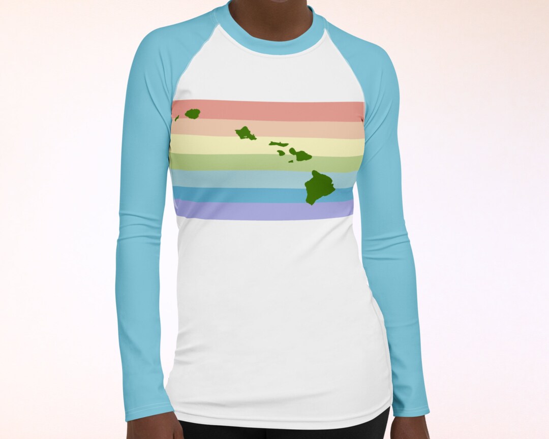 HAWAII Aloha UPF 50+ Rash Guard, Pastel Rainbow With Hawaiian Islands ...