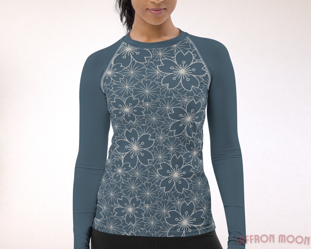 Japanese Sakura UPF 50+ Rash Guard, Steel-blue Gray, Asian Floral ...