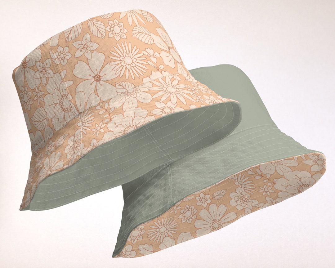 Retro Flower Bucket Hat, Muted Army Green & Pale Peach Floral Print ...