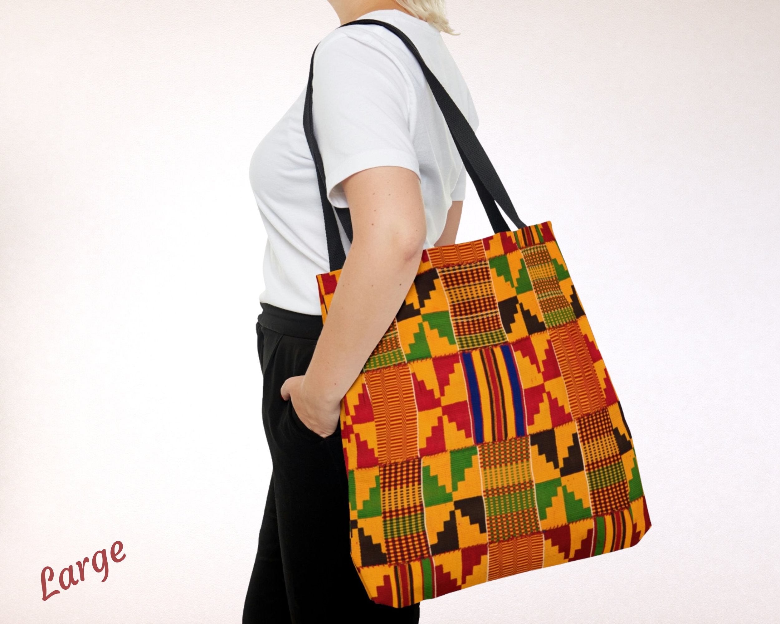 Kente Cloth Tote Bag, Gold Red Black Green Ethnic African Tribal ...