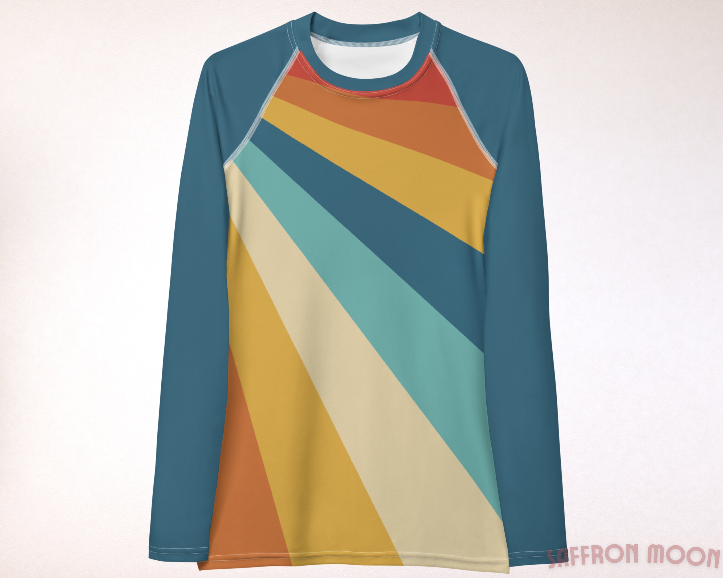 Teal Retro Rash Guard, Mustard Yellow & Sunburst Orange Rays, UV ...