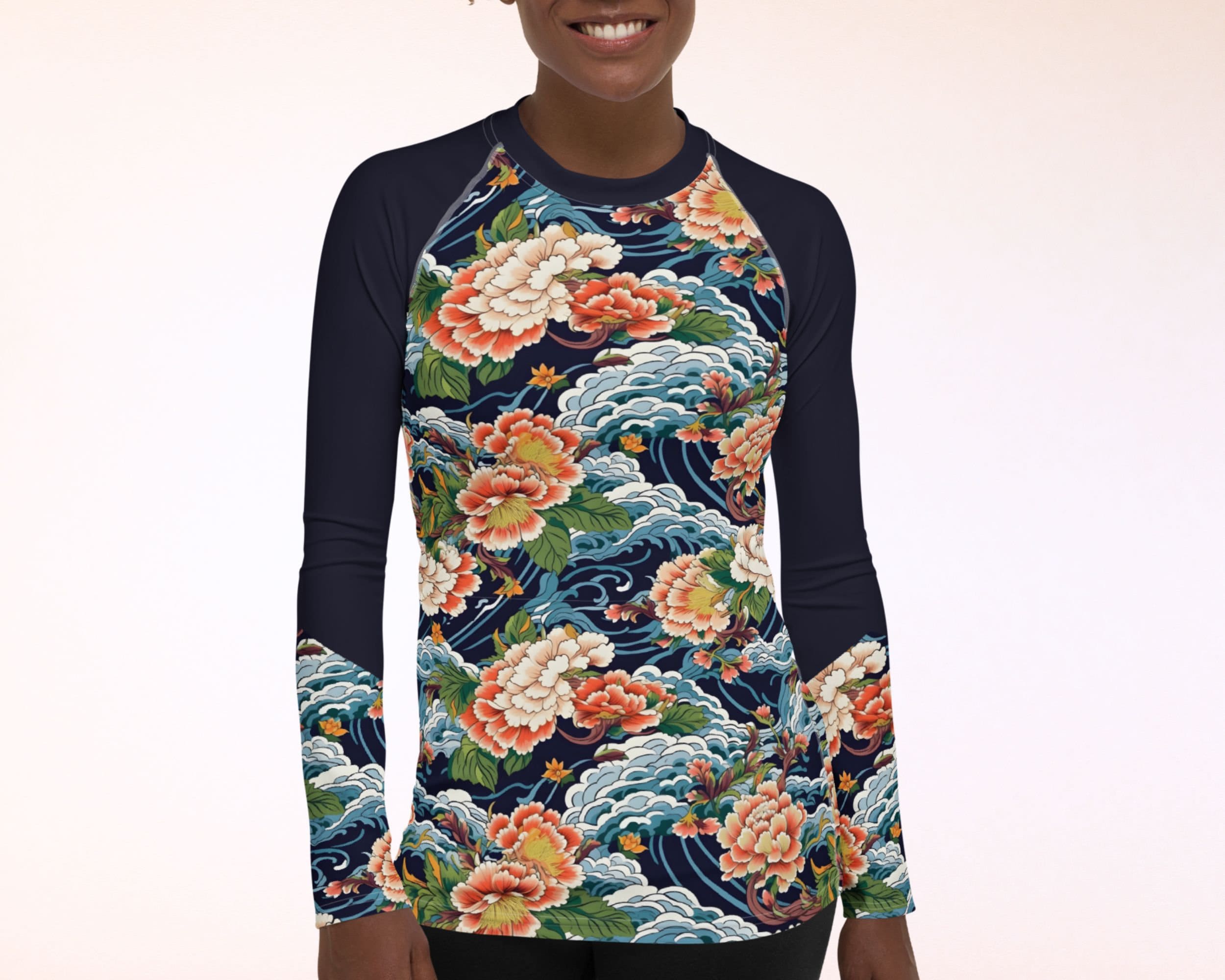 Japanese UPF 50+ Rash Guard, Navy Blue Peony Flower & Waves Kimono ...
