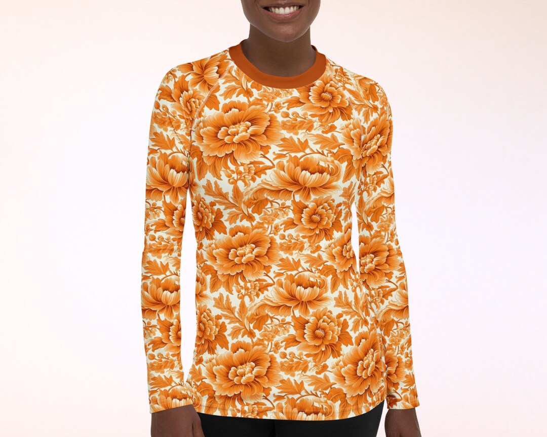 Floral UPF 50+ Rash Guard, Orange Jacobean Tapestry Flower Print, Soft ...