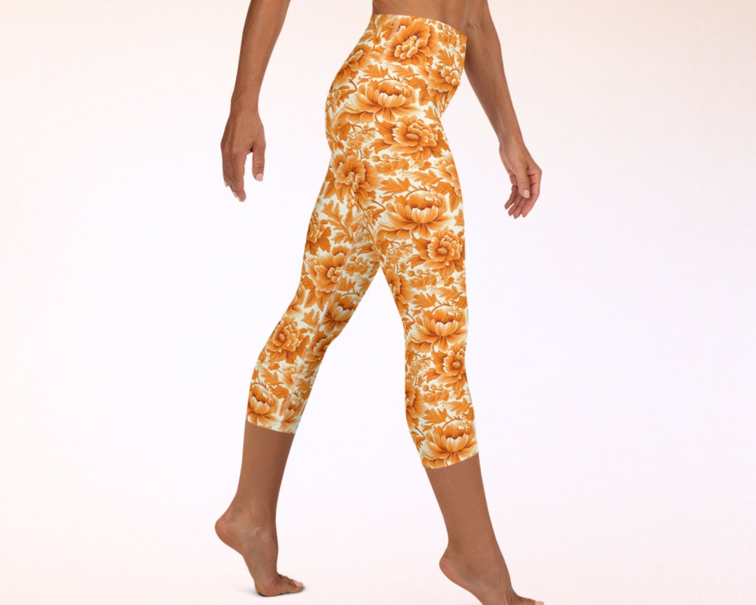 Floral UPF 50+ Capri Swim Leggings, Saffron Orange Jacobean Flower ...
