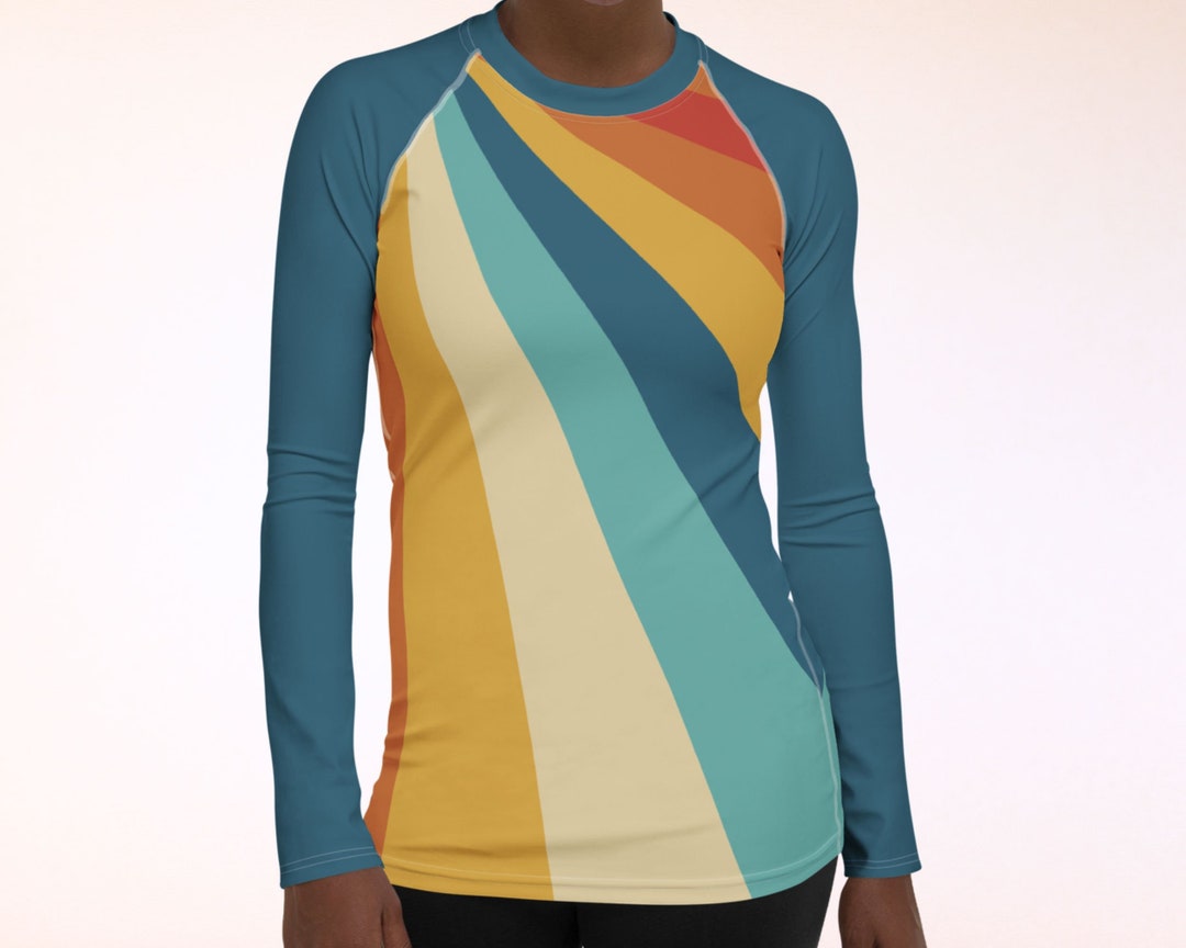 Teal Retro UPF 50+ Rash Guard, Mustard Yellow & Sunburst Orange Rays ...