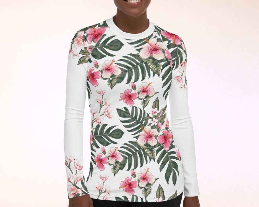 White Floral UPF 50+ Rash Guard, Tropical Pink Hibiscus Flower Print ...