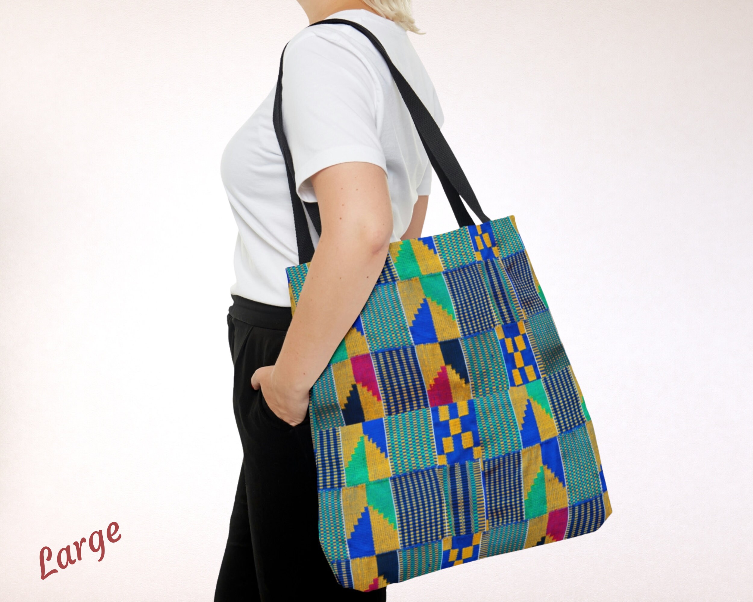 Kente Cloth Tote Bag, Shoulder Bag, Green Blue Gold African Ethnic ...
