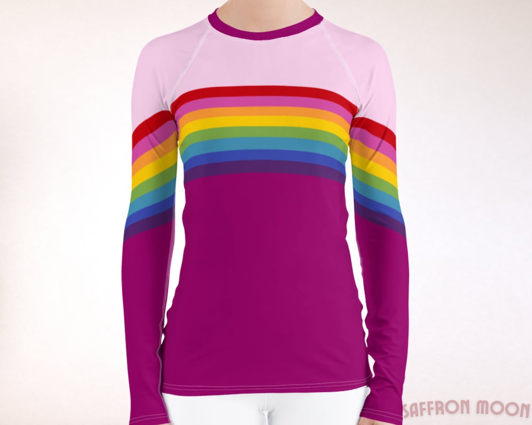 70s Rainbow UPF 50+ Rash Guard, Fuchsia & Pale Pink Retro Print, Soft ...