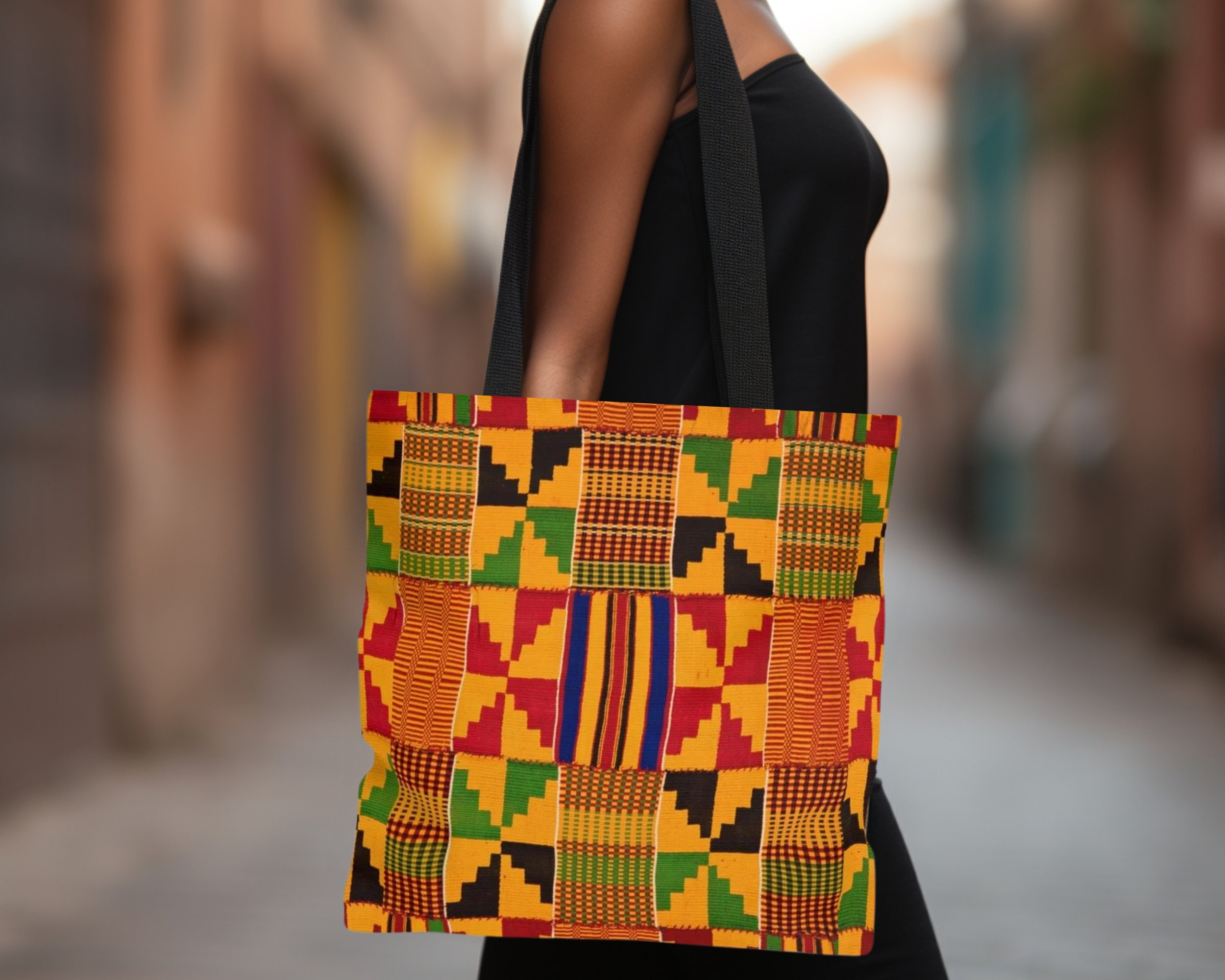 Kente Cloth Tote Bag, Gold Red Black Green Ethnic African Tribal ...