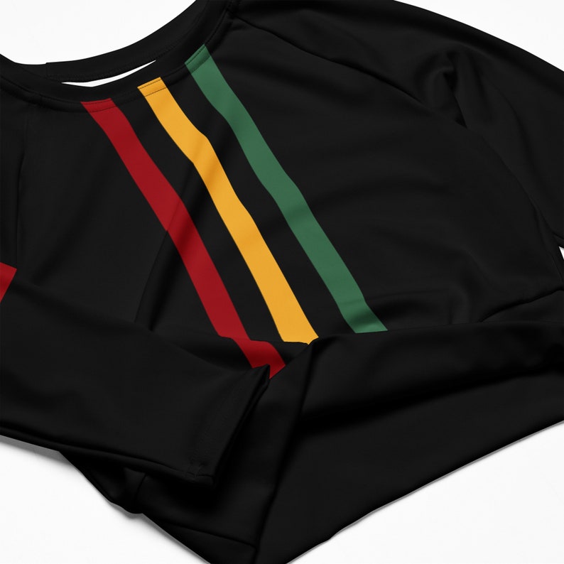 Black Rasta Crop Top Rash Guard, Red Gold & Green Jamaica Racer Stripes ...