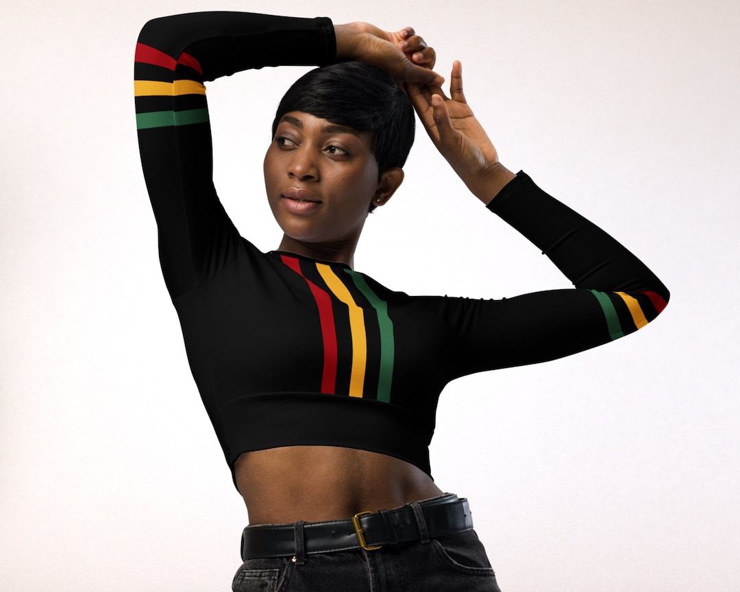Black Rasta Crop Top Rash Guard, Red Gold & Green Jamaica Racer Stripes ...