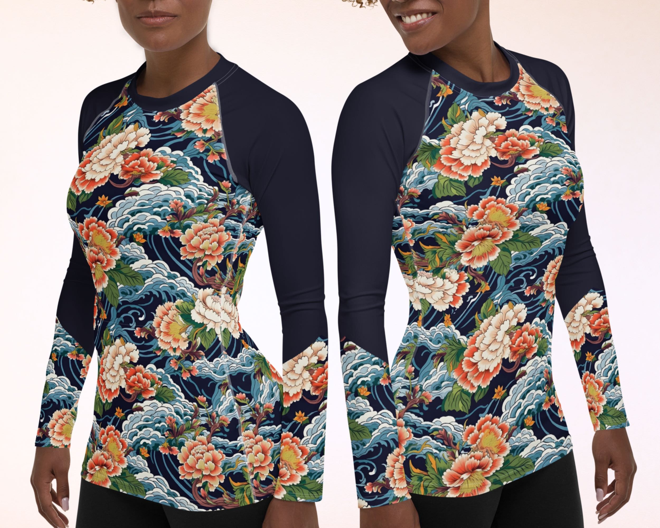 Japanese UPF 50+ Rash Guard, Navy Blue Peony Flower & Waves Kimono ...