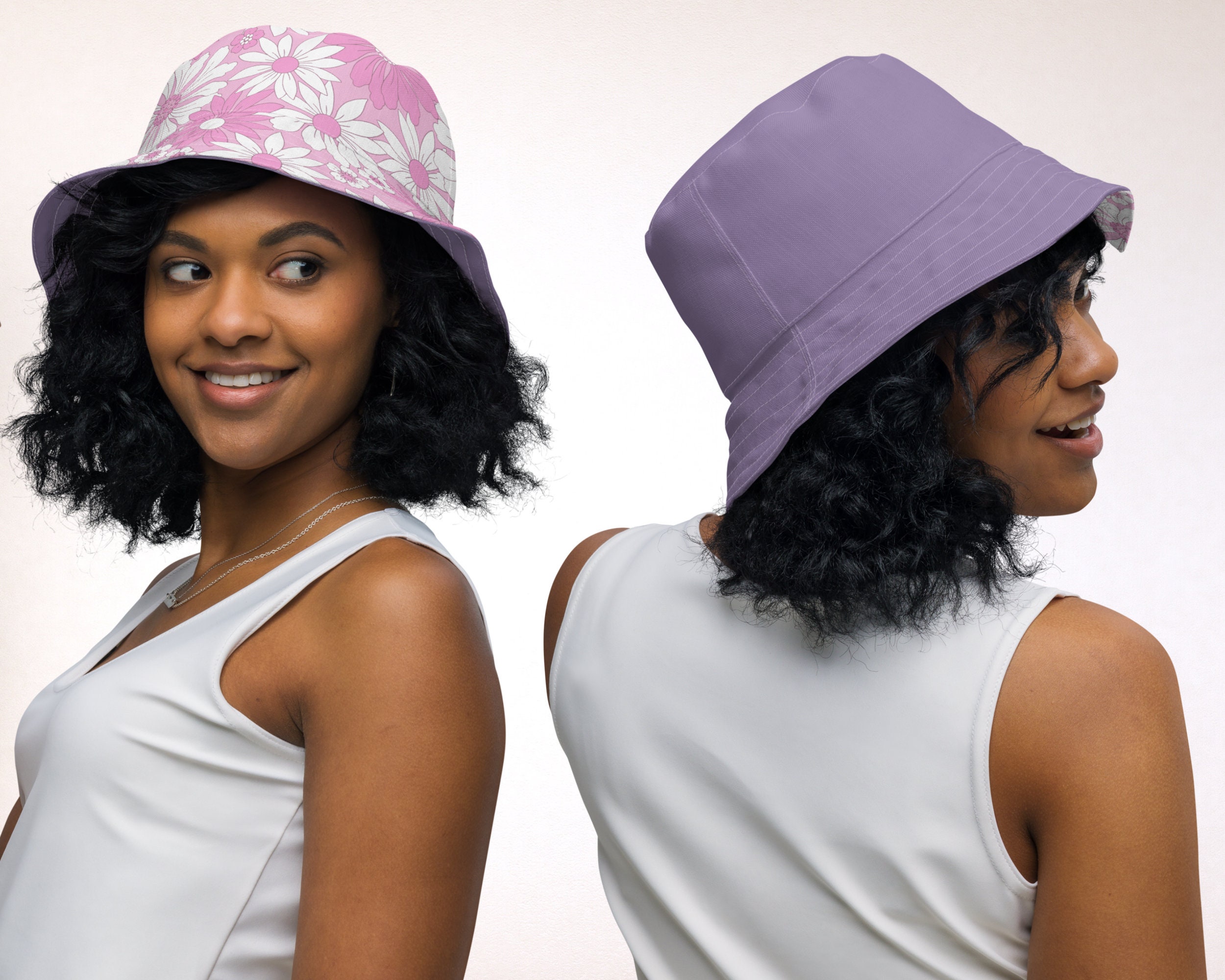 Daisy Flower Bucket Hat, Muted Purple Sun Hat With Pink & White Boho ...