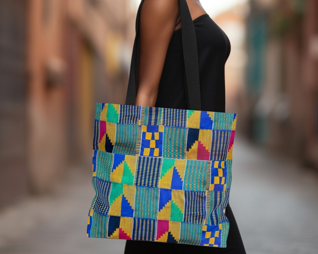Kente Cloth Tote Bag, Shoulder Bag, Green Blue Gold African Ethnic ...