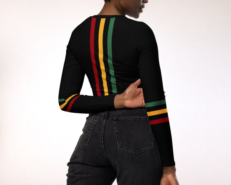 Black Rasta Crop Top Rash Guard, Red Gold & Green Jamaica Racer Stripes ...
