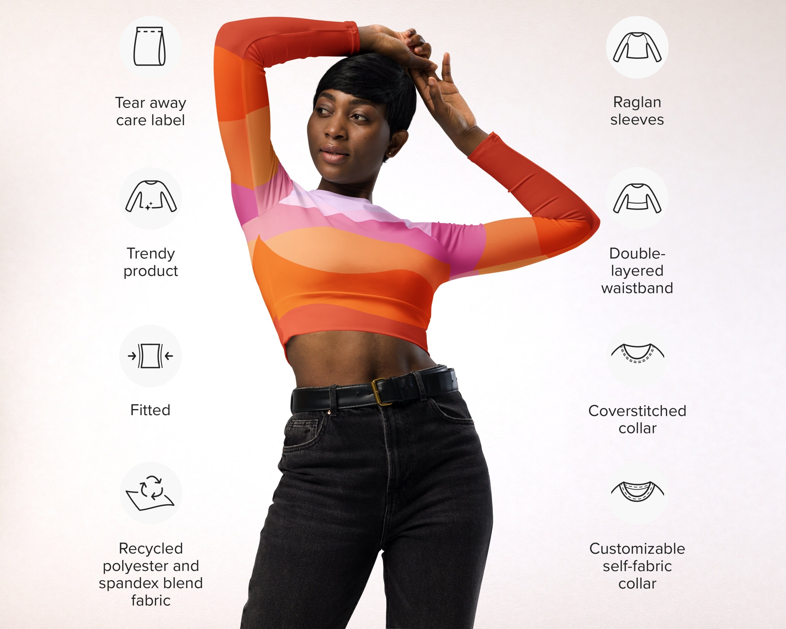 Ombré Crop Top Rash Guard, Pink & Orange Long Sleeve UPF Sport Shirt ...