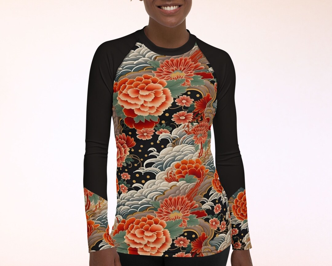 Japanese UPF 50+ Rash Guard, Black & Red Vintage Kimono Peony Floral ...