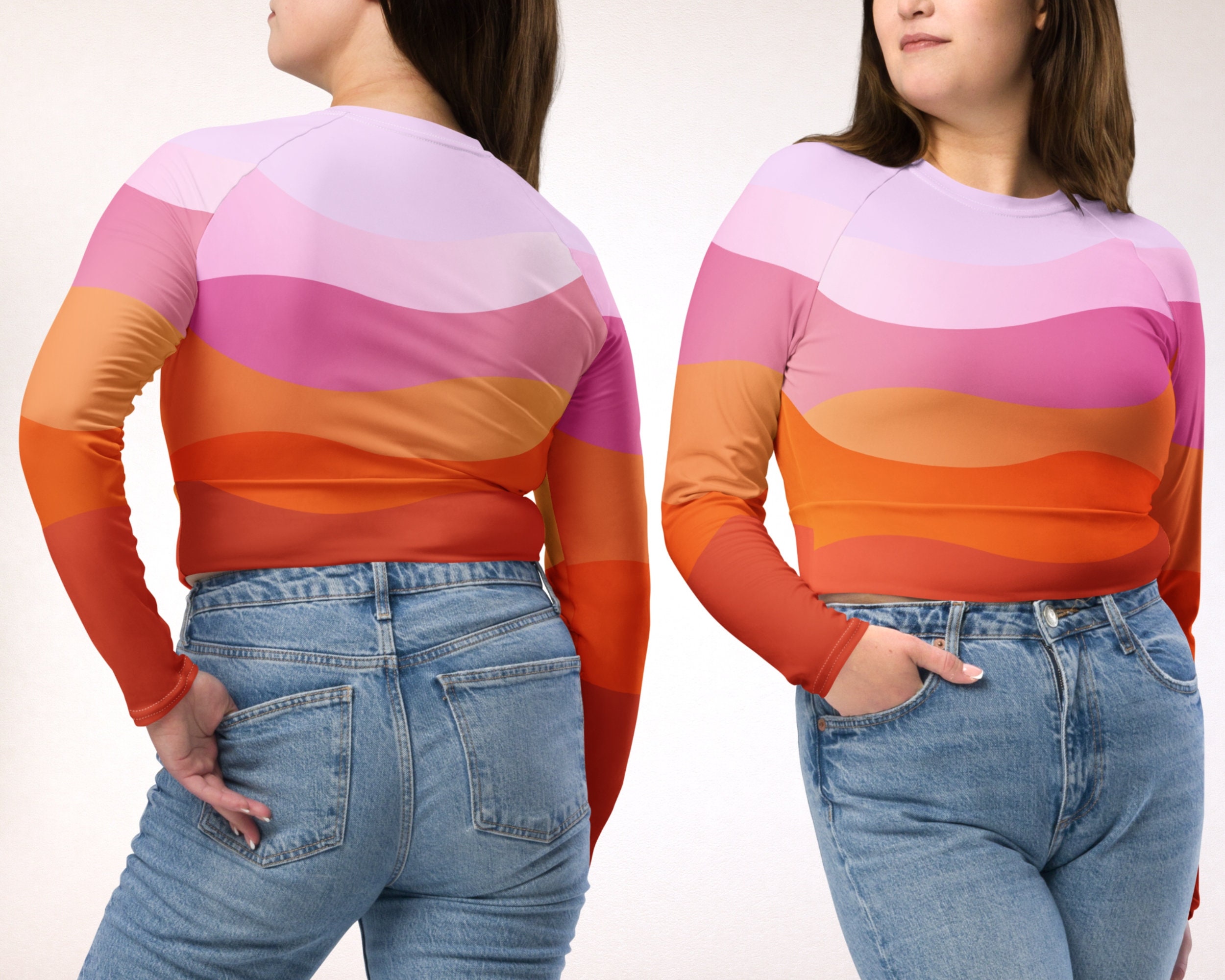 Ombré Crop Top Rash Guard, Pink & Orange Long Sleeve UPF Sport Shirt ...