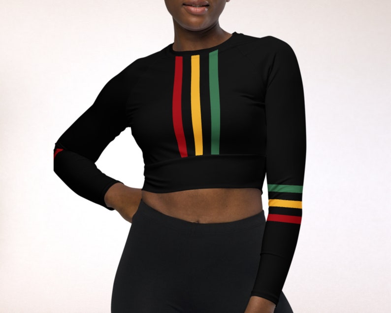 Black Rasta Crop Top Rash Guard, Red Gold & Green Jamaica Racer Stripes ...