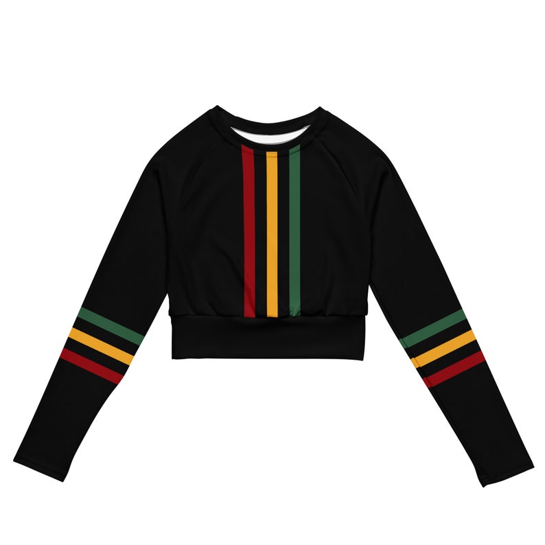 Black Rasta Crop Top Rash Guard, Red Gold & Green Jamaica Racer Stripes ...