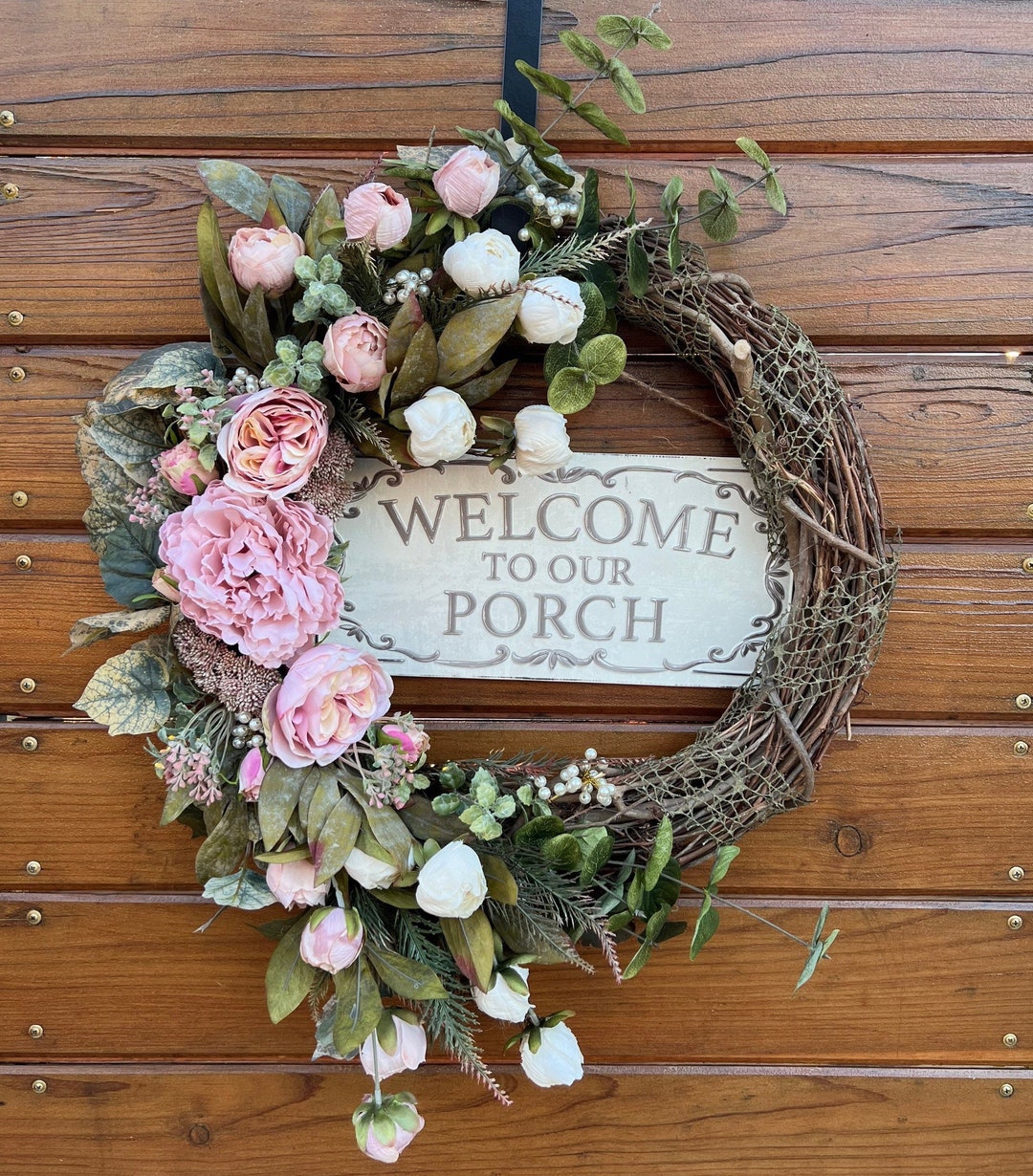 Boho Chic Farmhouse Romantic Wreath. Vintage Style Roses and Greenery ...