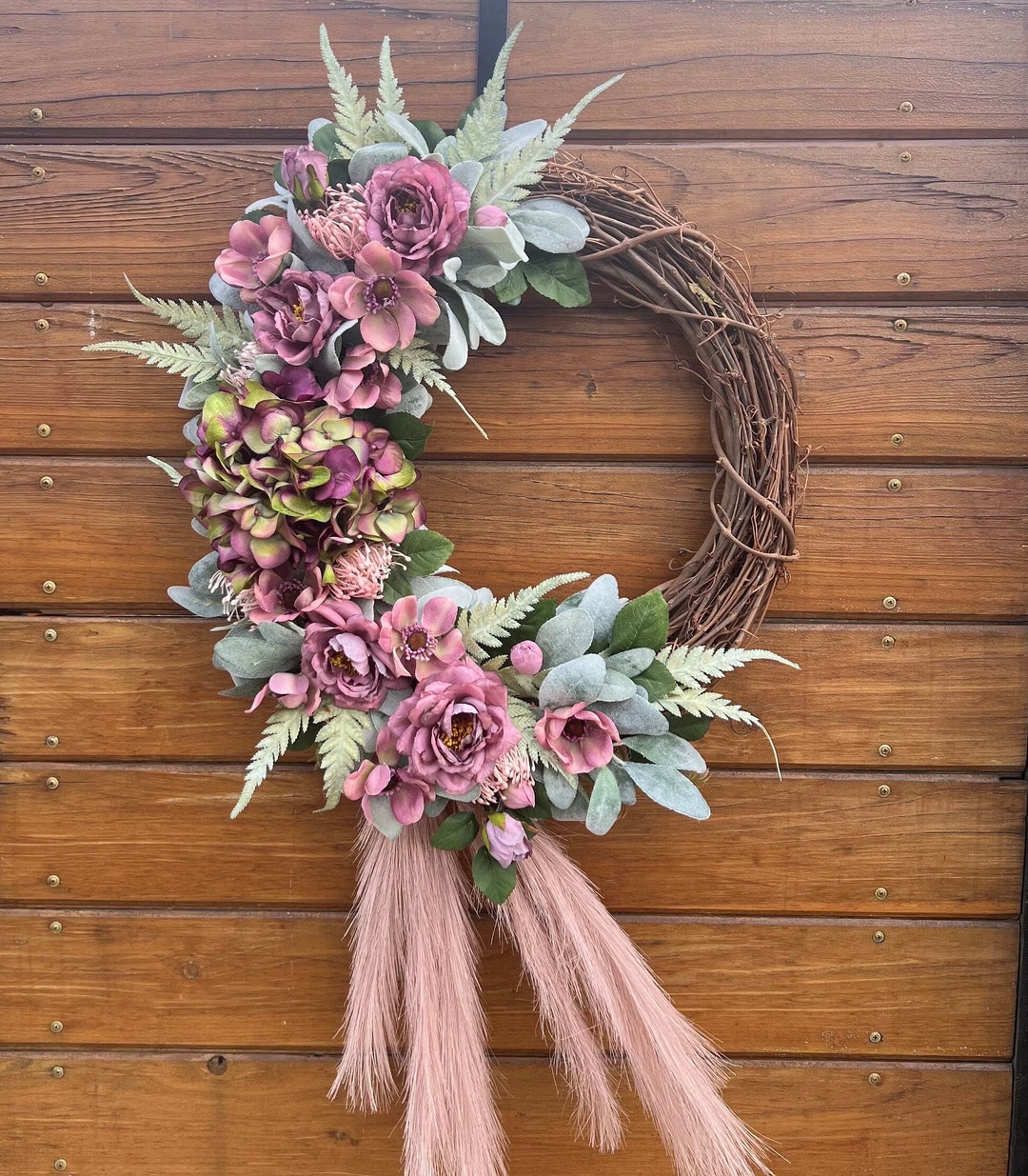 Large Boho Chic Wreath for Mother's Day. Cottage Style Spring Lambs Ear ...