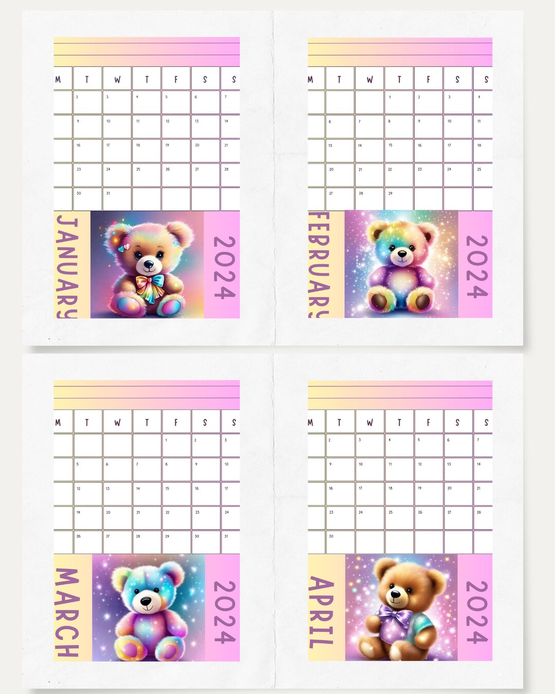 Calendario 2024 imprimible en PDF: diseño caprichoso, mensual acogedor ...