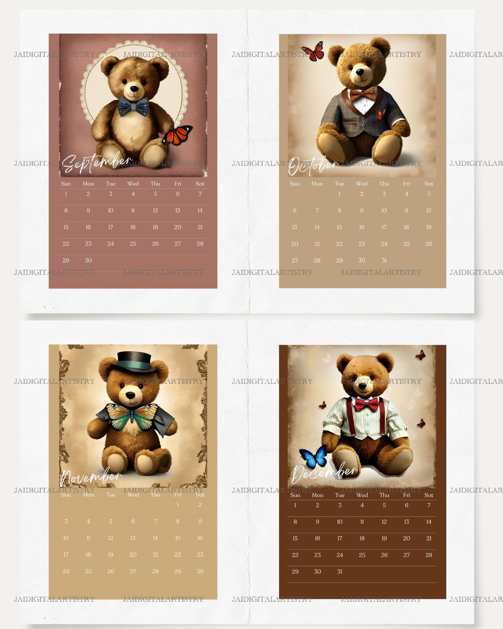 2024 druckbarer Vintage-Teddybär-Kalender nostalgisches Dekor, Retro ...