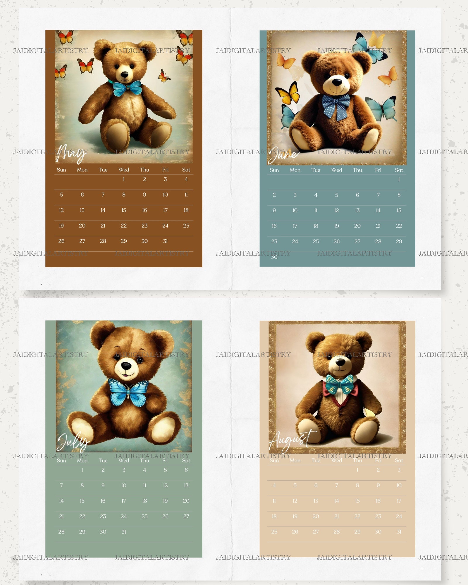 2024 druckbarer Vintage-Teddybär-Kalender nostalgisches Dekor, Retro ...