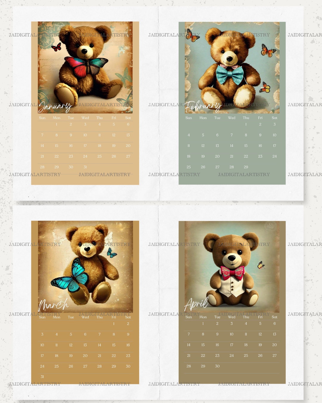 2024 druckbarer Vintage-Teddybär-Kalender nostalgisches Dekor, Retro ...