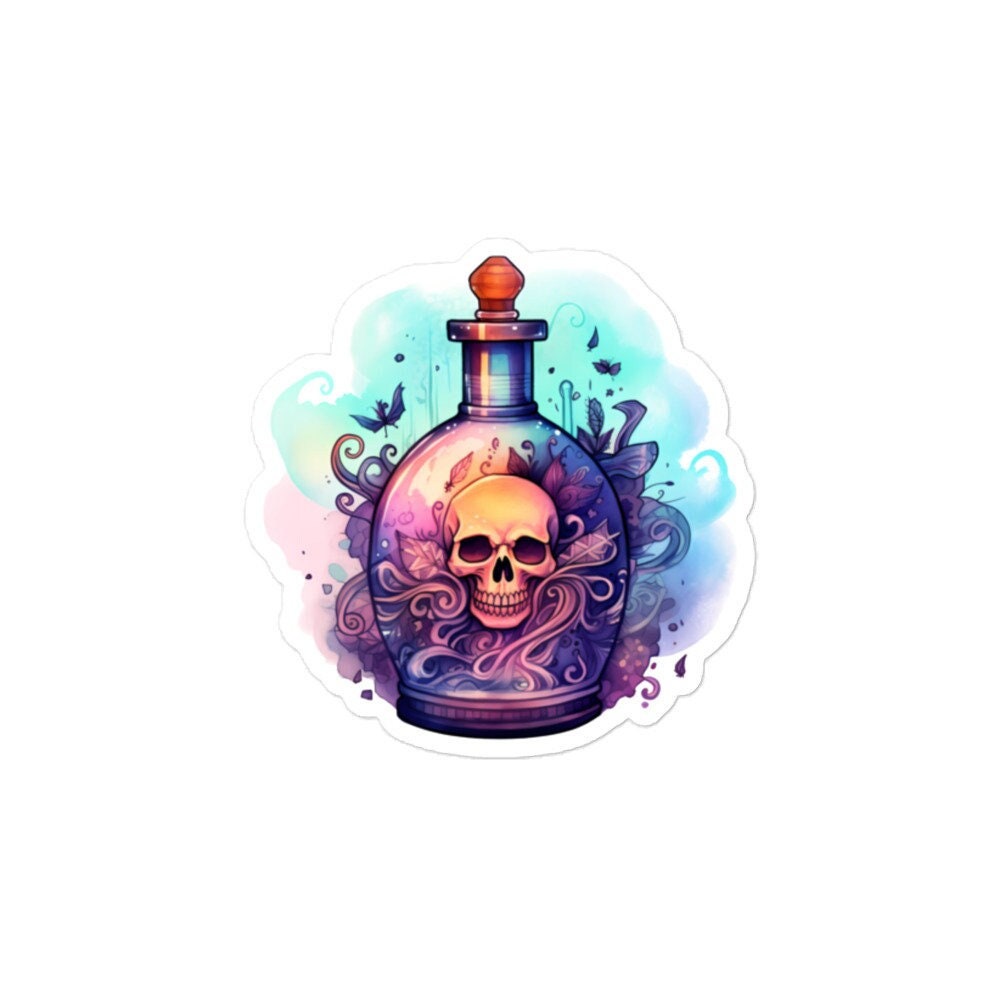 Watercolor Skull Potion Bottle Sticker Halloween Witchcraft Decal ...