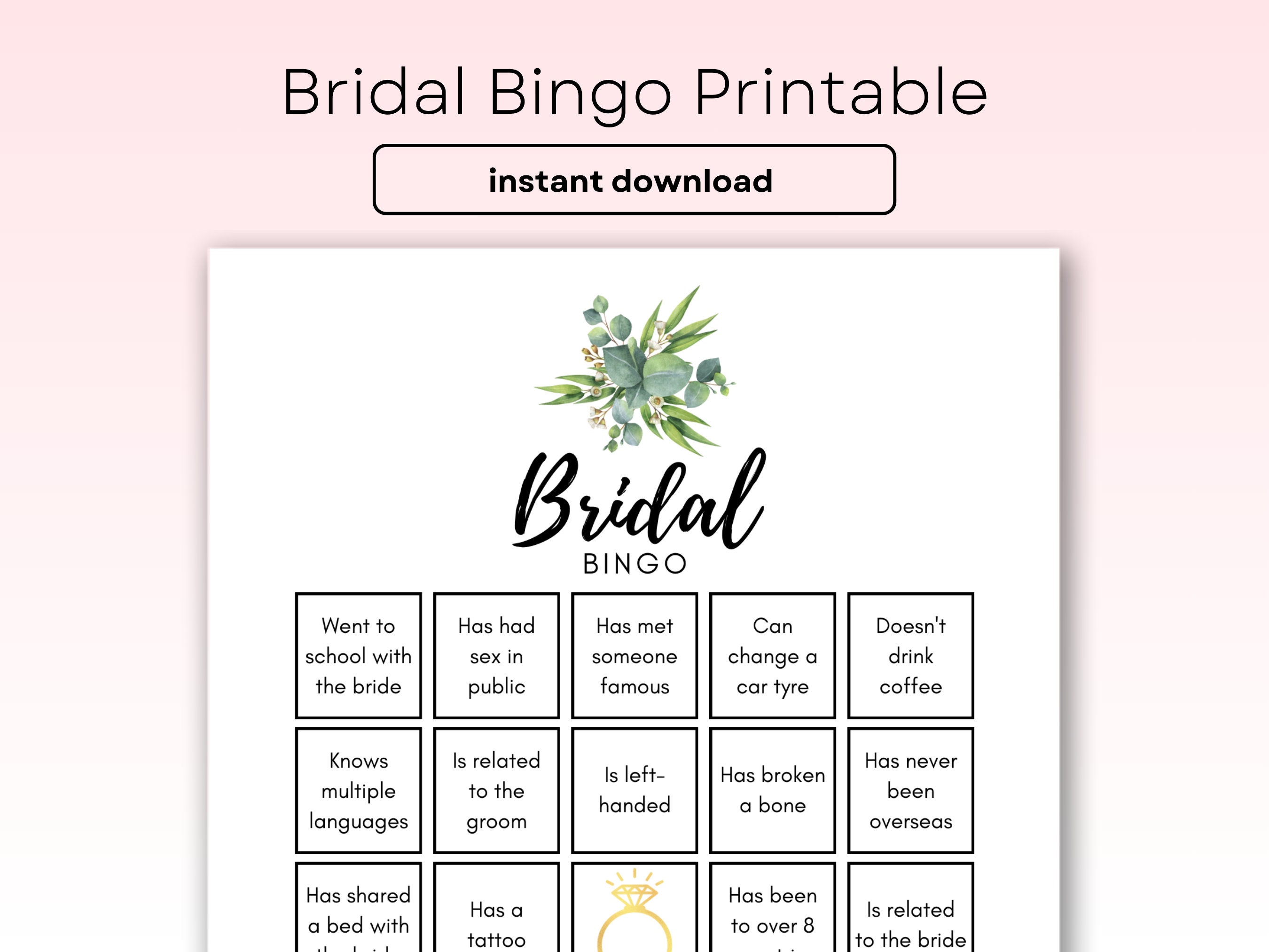 Bridal Bingo Game Printable | Bridal Shower & Bachelorette Party Game ...