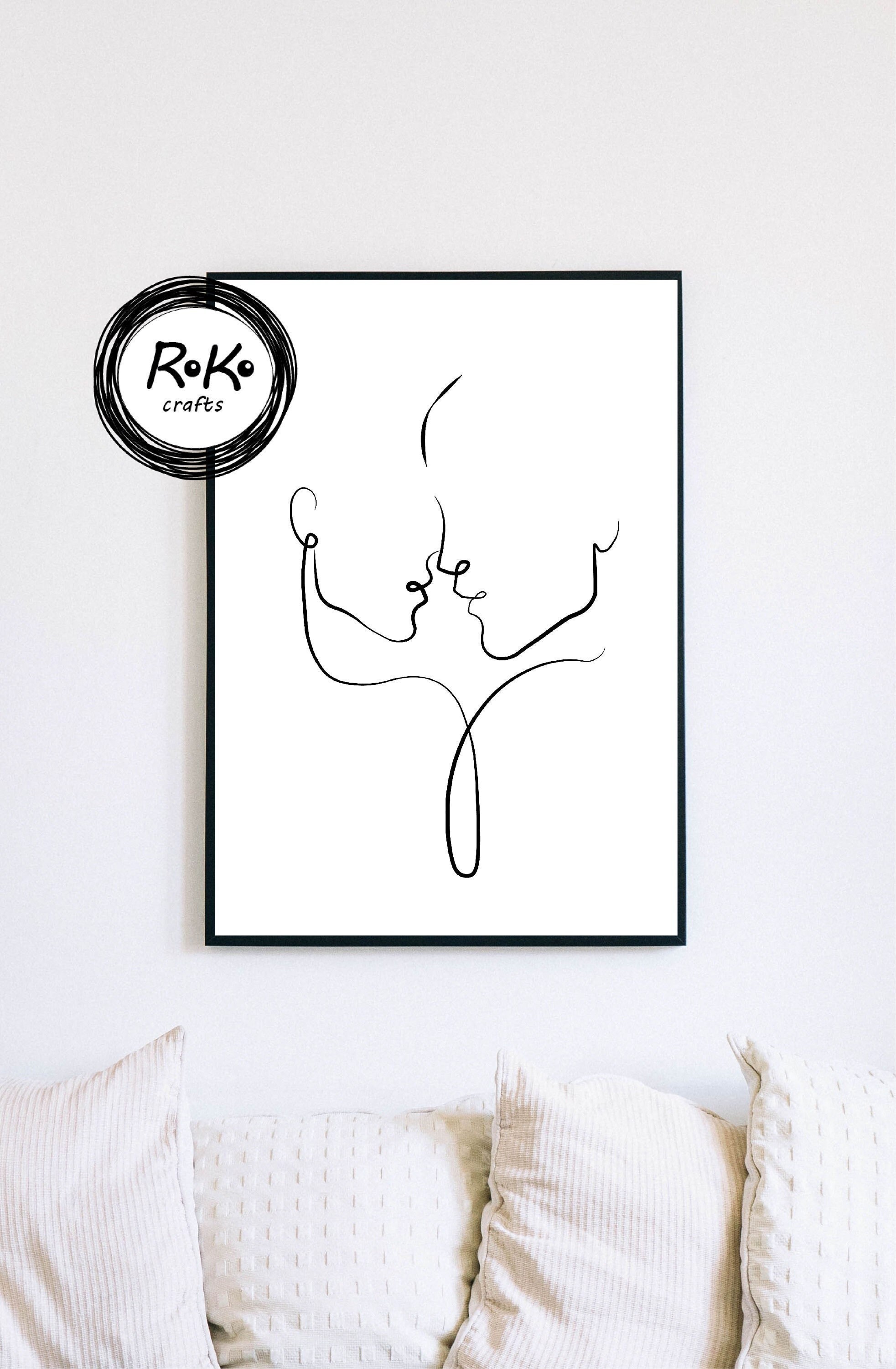Couple Line Art Print, Couple Kiss Line Art Poster, Love Line Art, One ...
