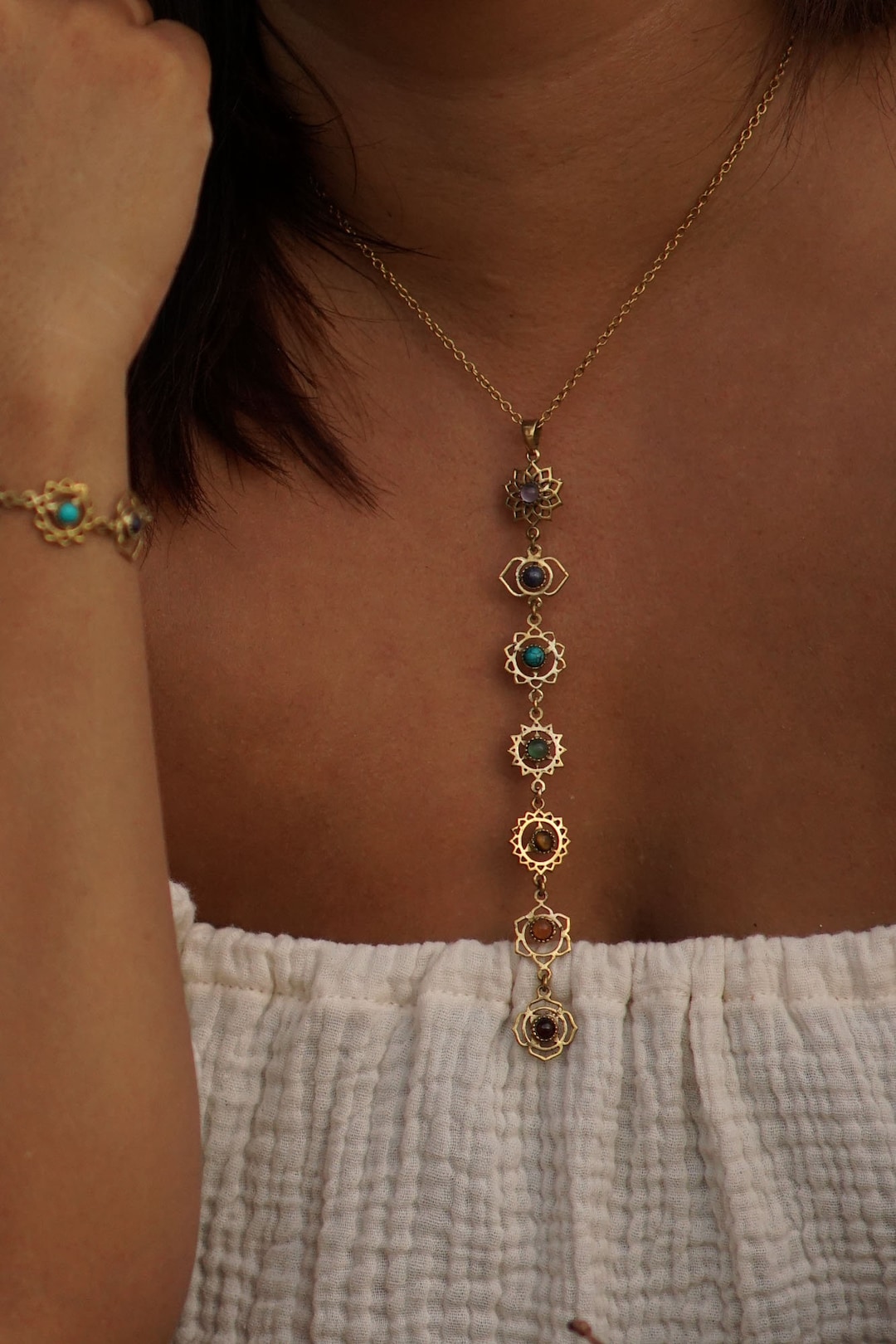 Chakra Necklace // Bohemian Brass Chakra Healing Stone Necklace / Boho ...