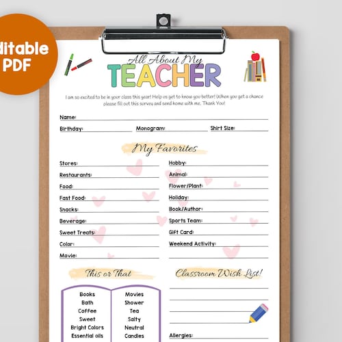 EDITABLE Teacher Favorites Survey Printable Back to School - Etsy