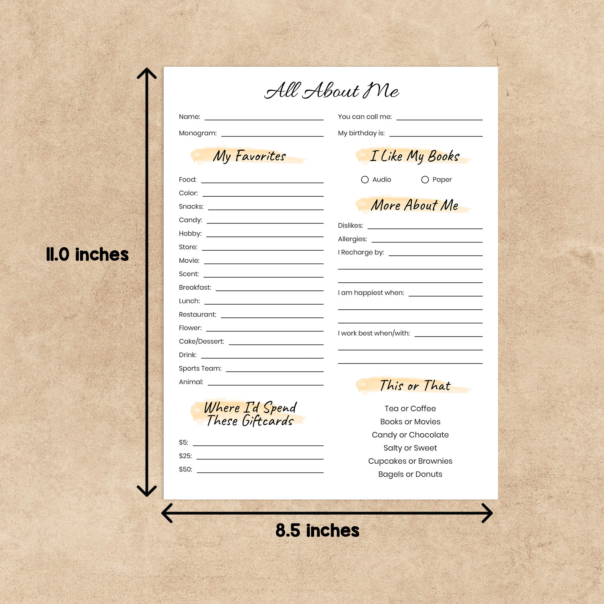 Printable All About Me Co-worker Questions Employee Favorites List ...