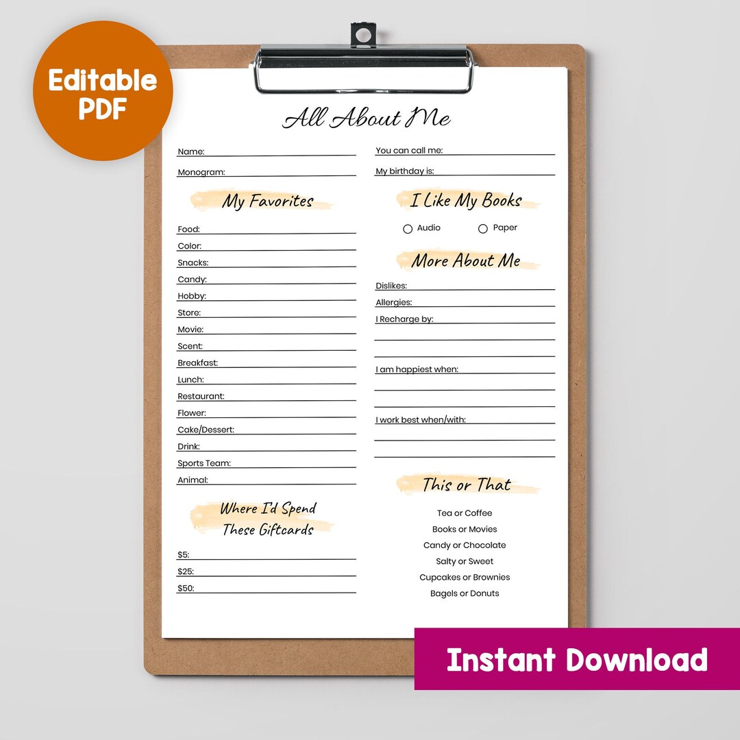 Editable All About Me Co-worker Questions Printable Employee Favorites ...