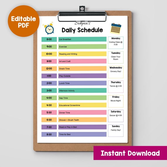 Daily Schedule Chore Chart for Kids Editable Daily Schedule - Etsy