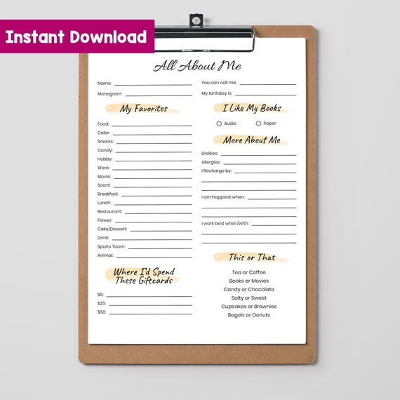 All About Me Questions Printable