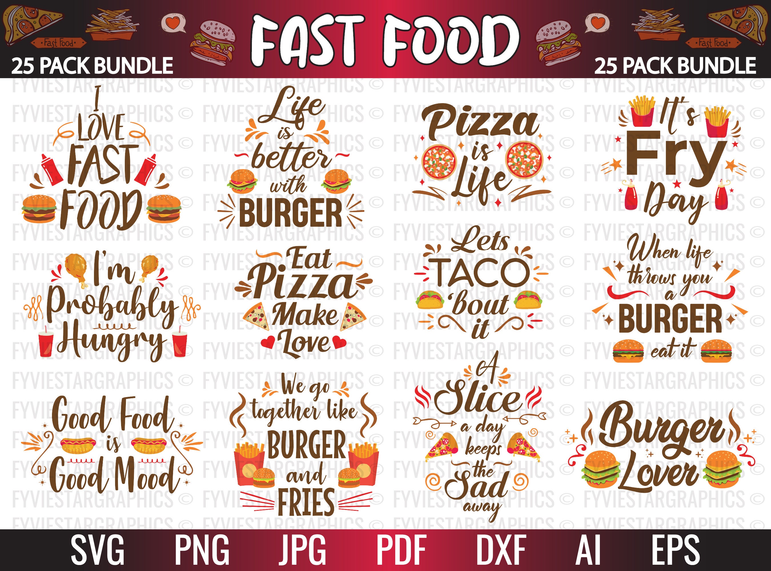 25 Food Quotes Svg Bundle French Fries Svg Pizza Quotes Svg Burger ...