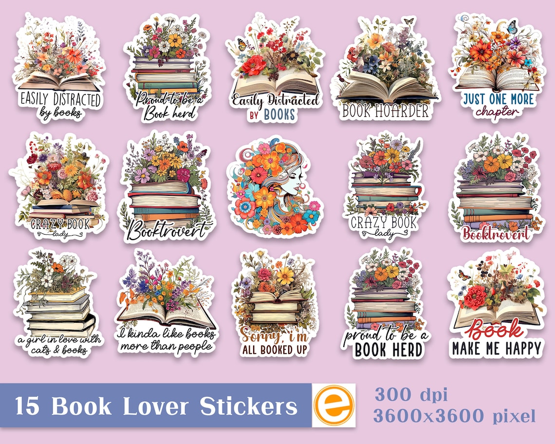 Floral Book Lover Stickers PNG, Printable Book Lover Stickers PNG ...