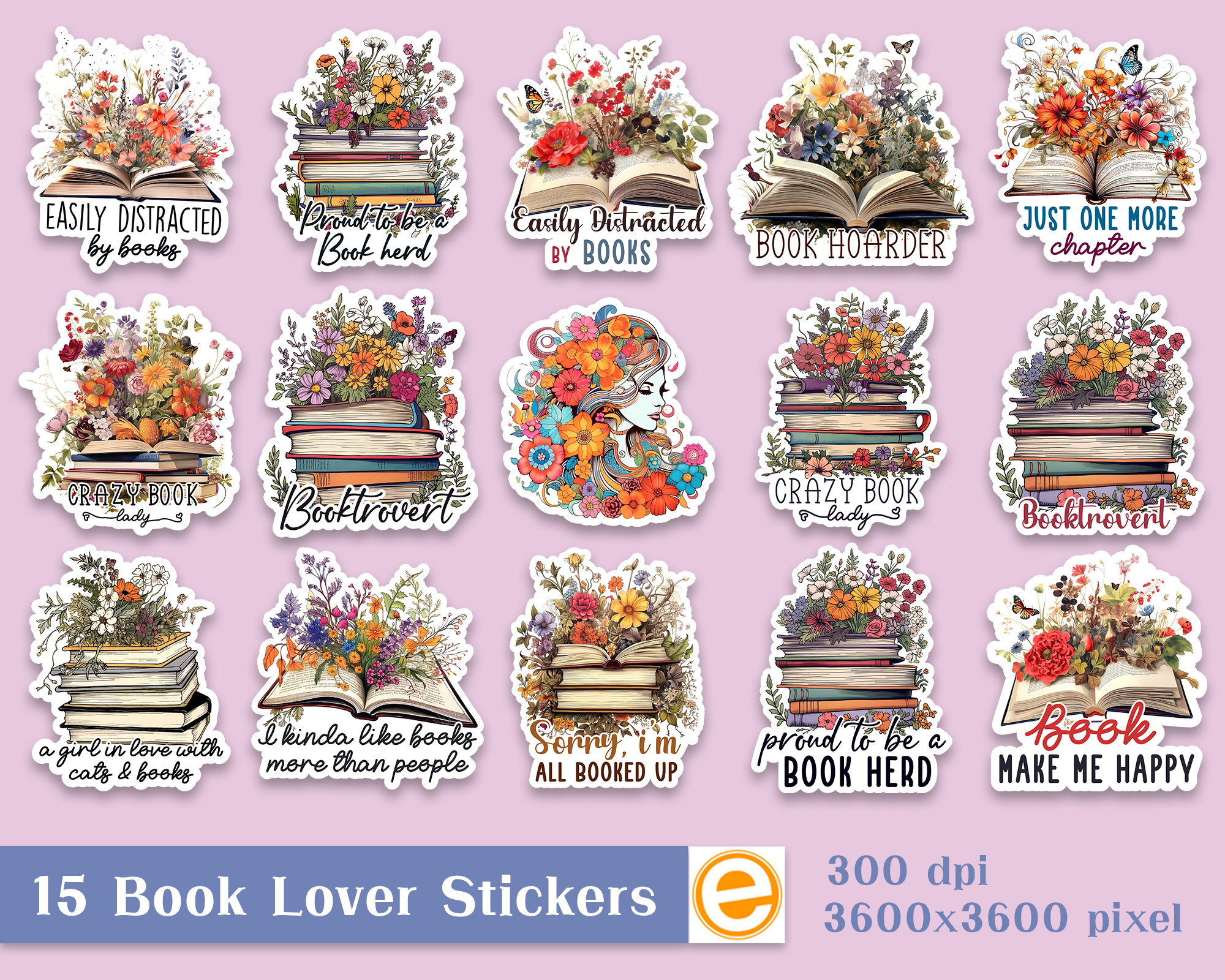Floral Book Lover Stickers PNG, Printable Book Lover Stickers PNG ...