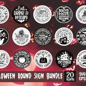 Round Halloween Bundle, Vintage Round Sign Bundle, Halloween Door ...