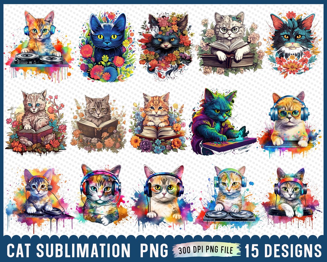 Cat Sublimation Design Bundle, Cat Png, Sublimation Png, Vector Cat T ...