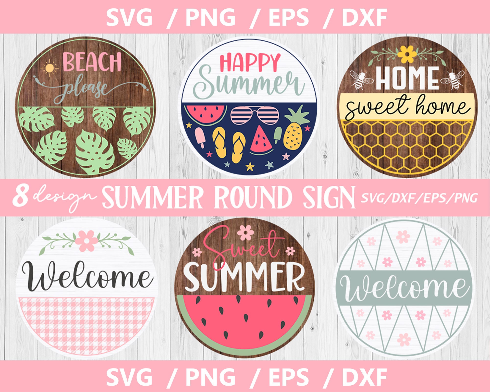 Summer Round Sign SVG Bundle, Round Door Hanger Svg, Summer Door Hanger ...